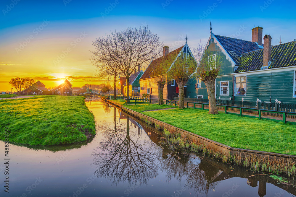 Amsterdam Netherlands, Sunrise landscape of Dutch Windmill and ...