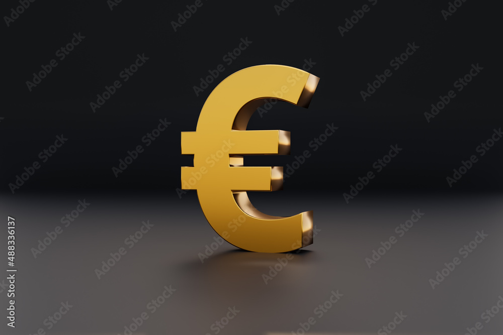EUR sign in gold. Euro currency symbol glossy in gold metallic on a ...