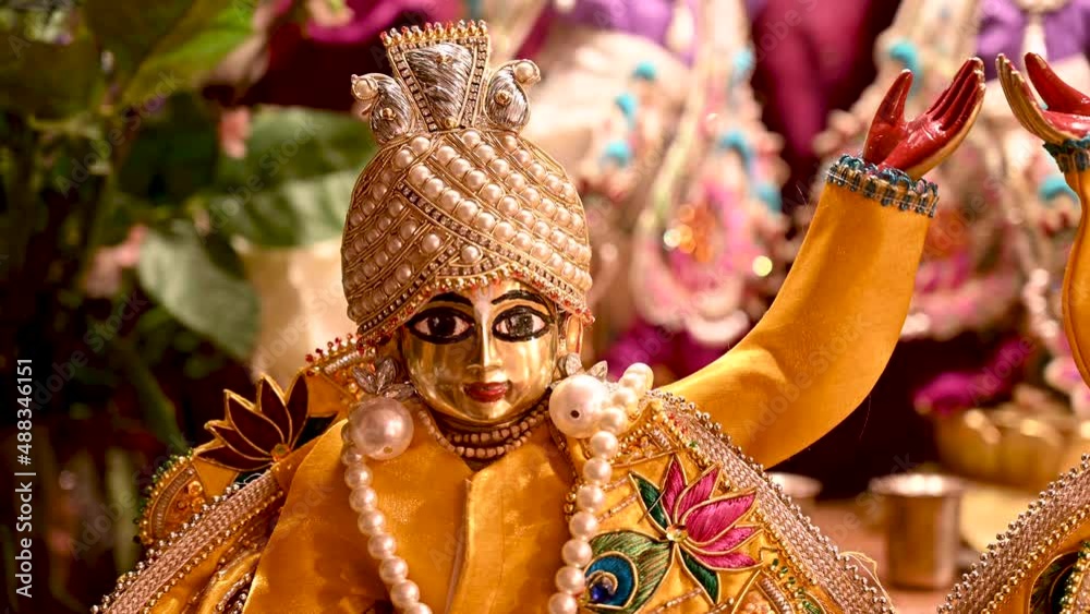 Altar in the Hare Krishna temple, close up. Deities. Home altar for ...