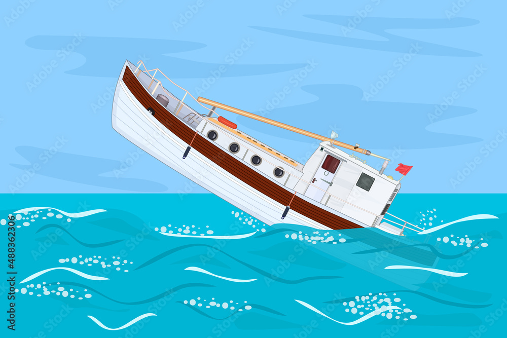 Boat sinking in sea. White vessel going under water. Fishing ship ...