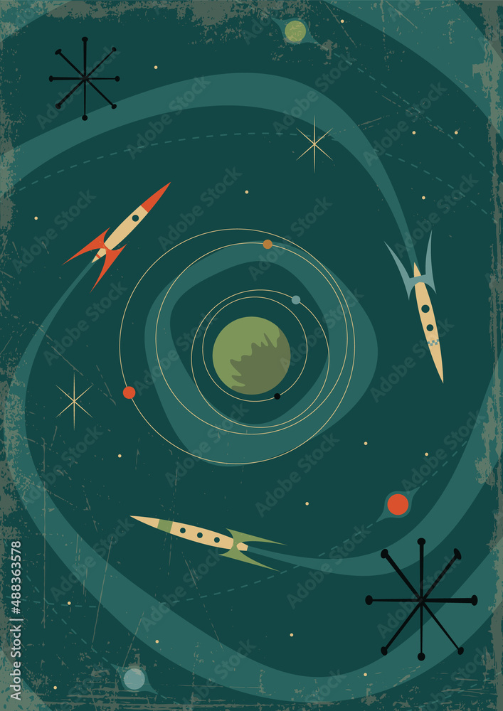 Mid Century Modern Retro Future Style Space Illustration, Space Rockets ...
