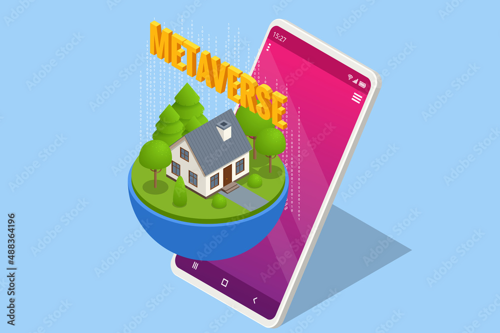 Isometric metaverse concept. Network of 3D virtual worlds focused on ...