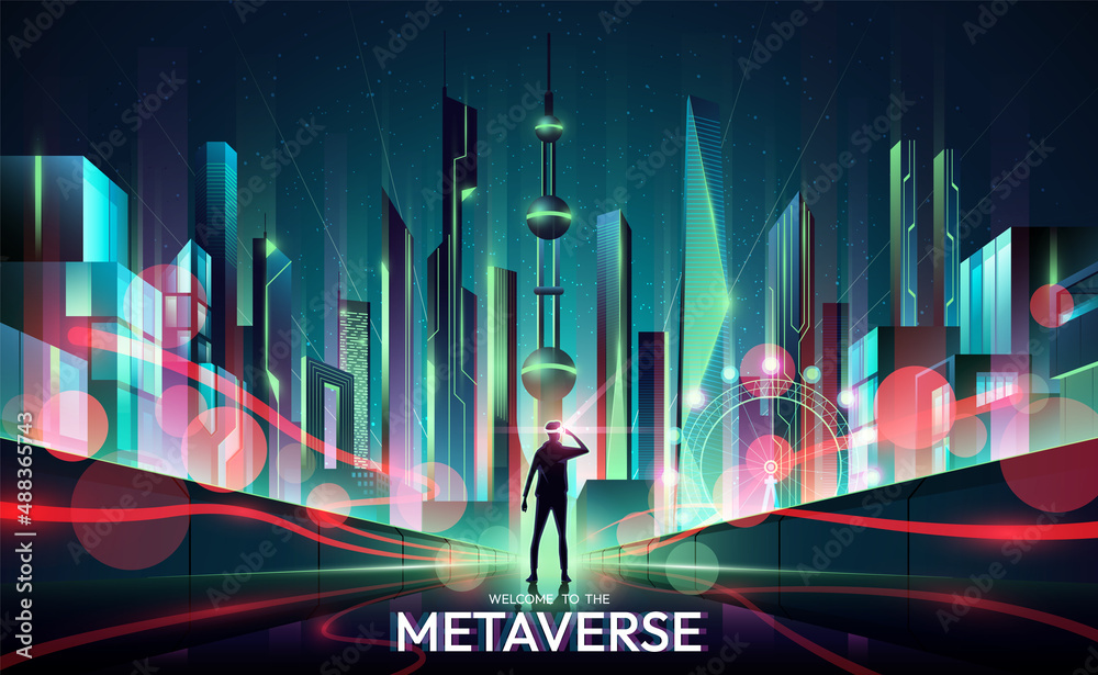 Metaverse future cityscape perspective view, Metaverse technology world ...
