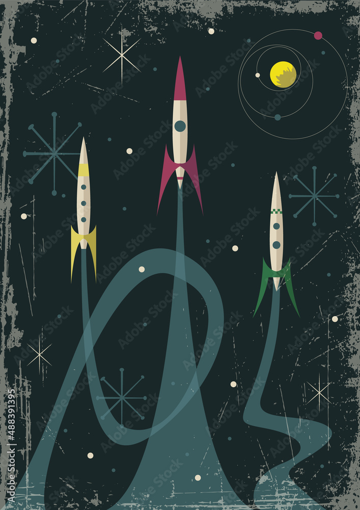 Mid Century Modern Style Space Poster, Atomic Age Retro Future Space ...