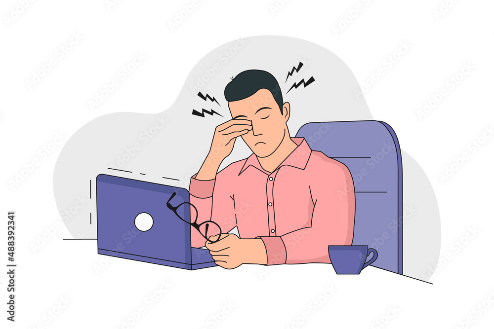 Young guy is working on a Laptop. Tired character. Concept of Eye ...