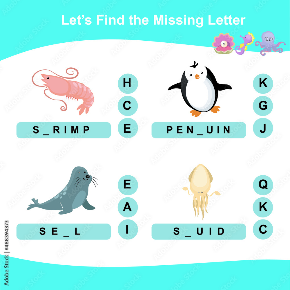 Find the missing letter worksheet. Preschool worksheet with sea animals ...