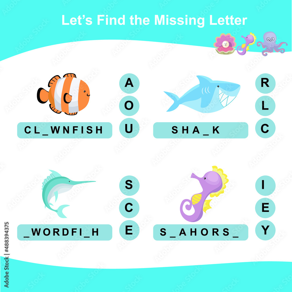Find the missing letter worksheet. Preschool worksheet with sea animals ...