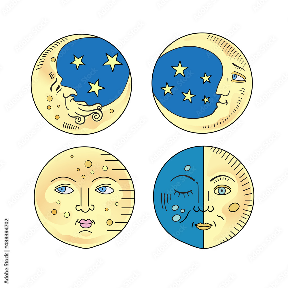 Moon phases: New, First quarter, Full, Old, Crescent. Cartoon kids boho ...