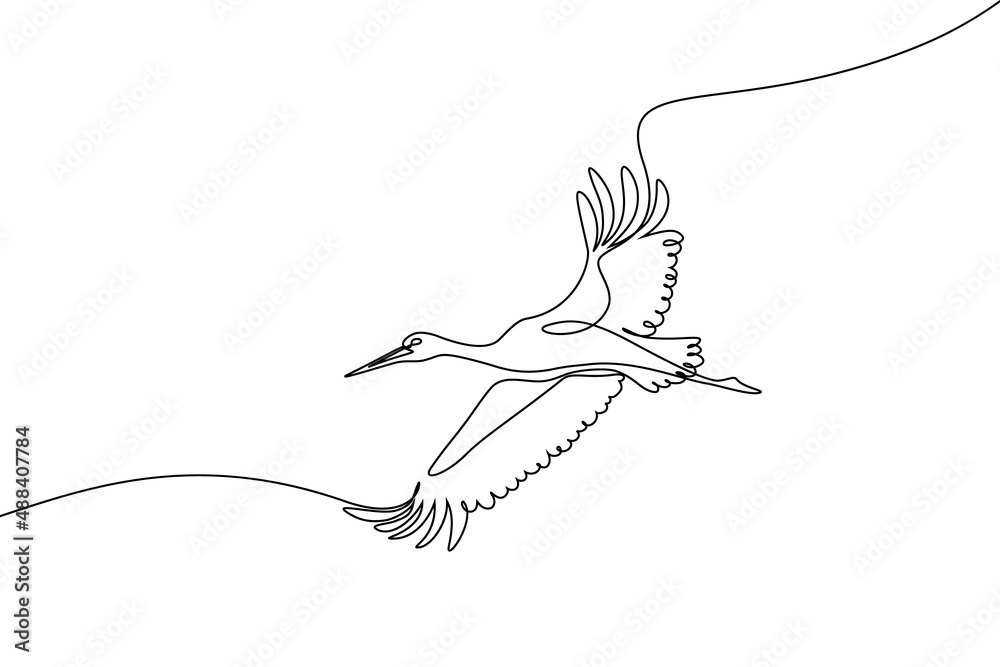 Stork flying in the sky in continuous line art drawing. Stork bird in ...