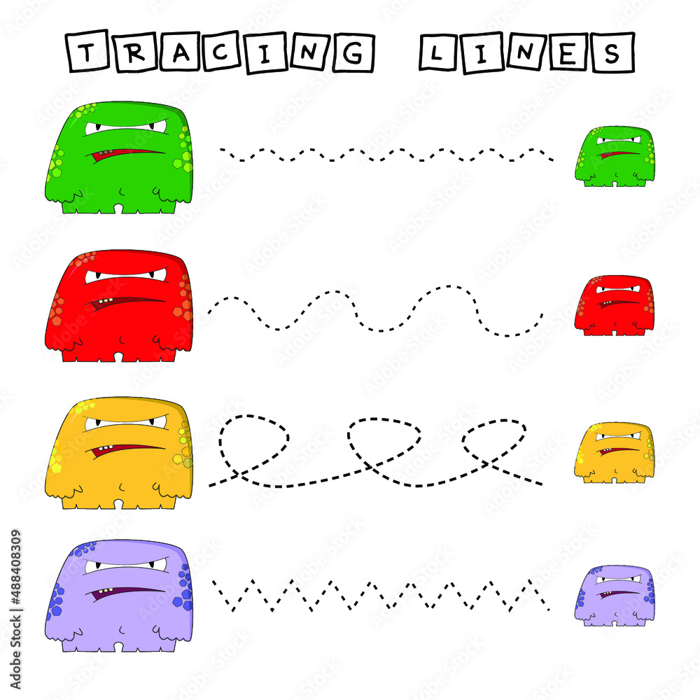 Trace line worksheet with cute colorful monsters for kids, practicing ...