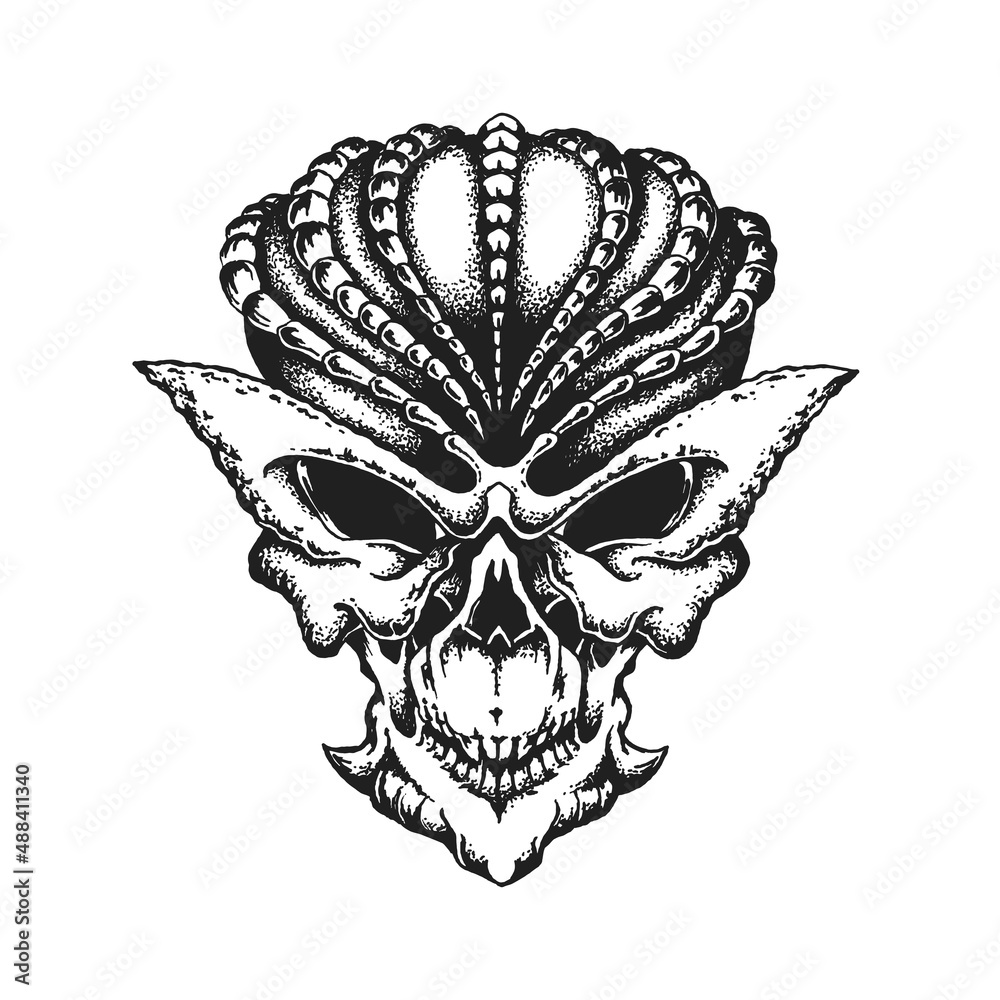 Evil Demon Alien Skull. Print or Tattoo Design. Hand Drawn Vector ...
