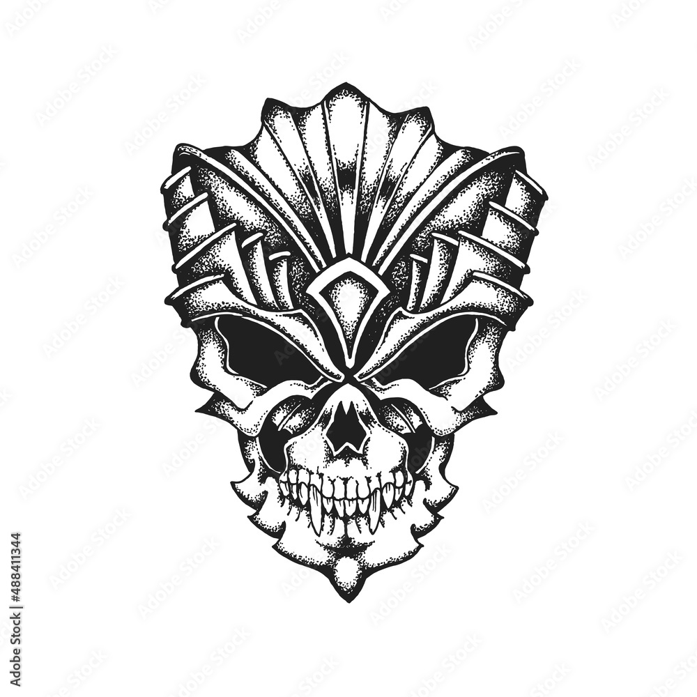 Evil Demon Alien Skull. Print or Tattoo Design. Hand Drawn Vector ...