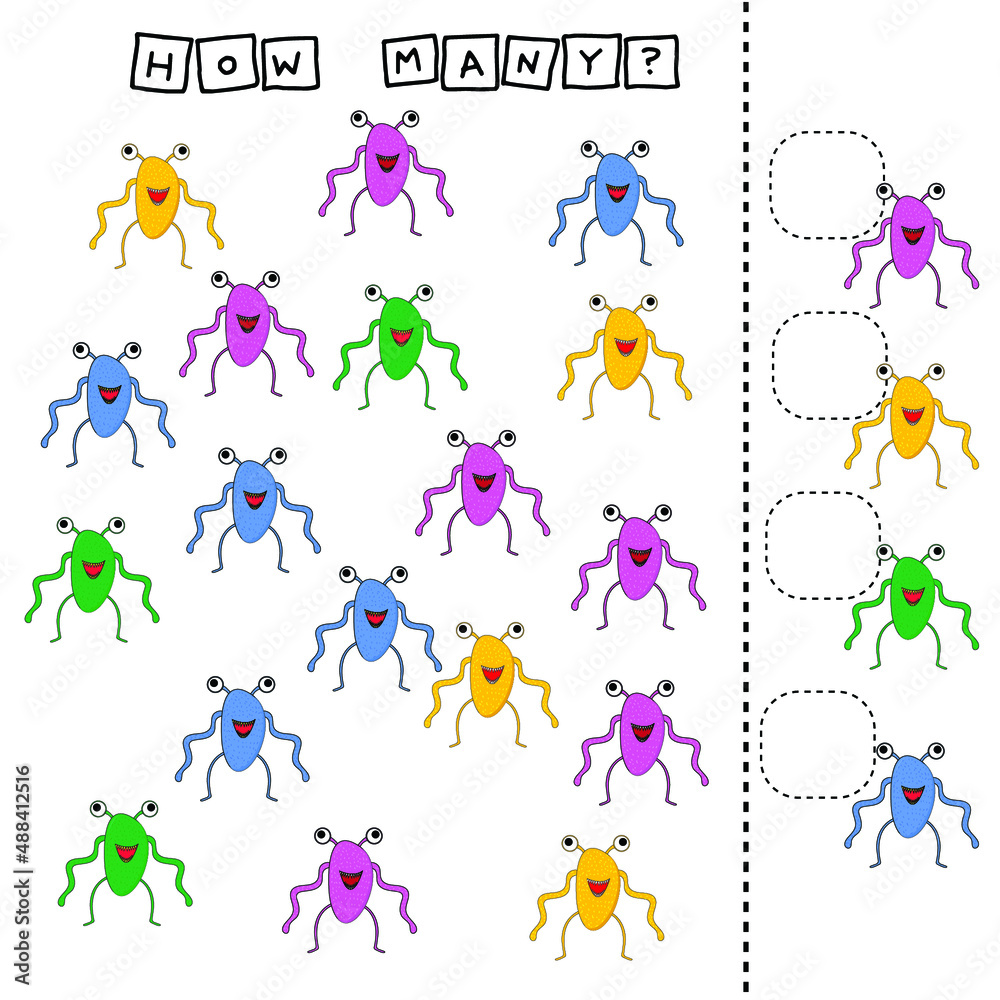 How many counting game with funny cute monsters. Preschool worksheet ...