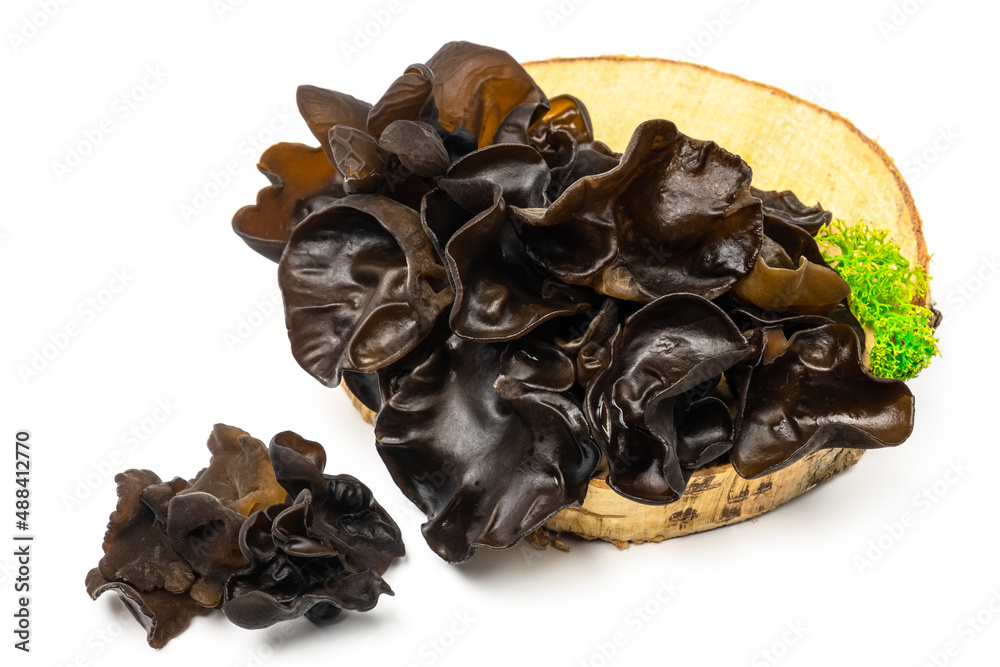 Muer mushrooms on wooden cross section isolated on white background ...