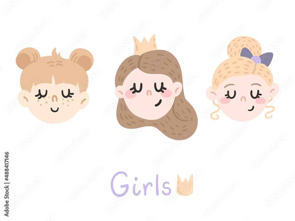 Collection of cute cartoon different Girls in a trendy style. Set of ...