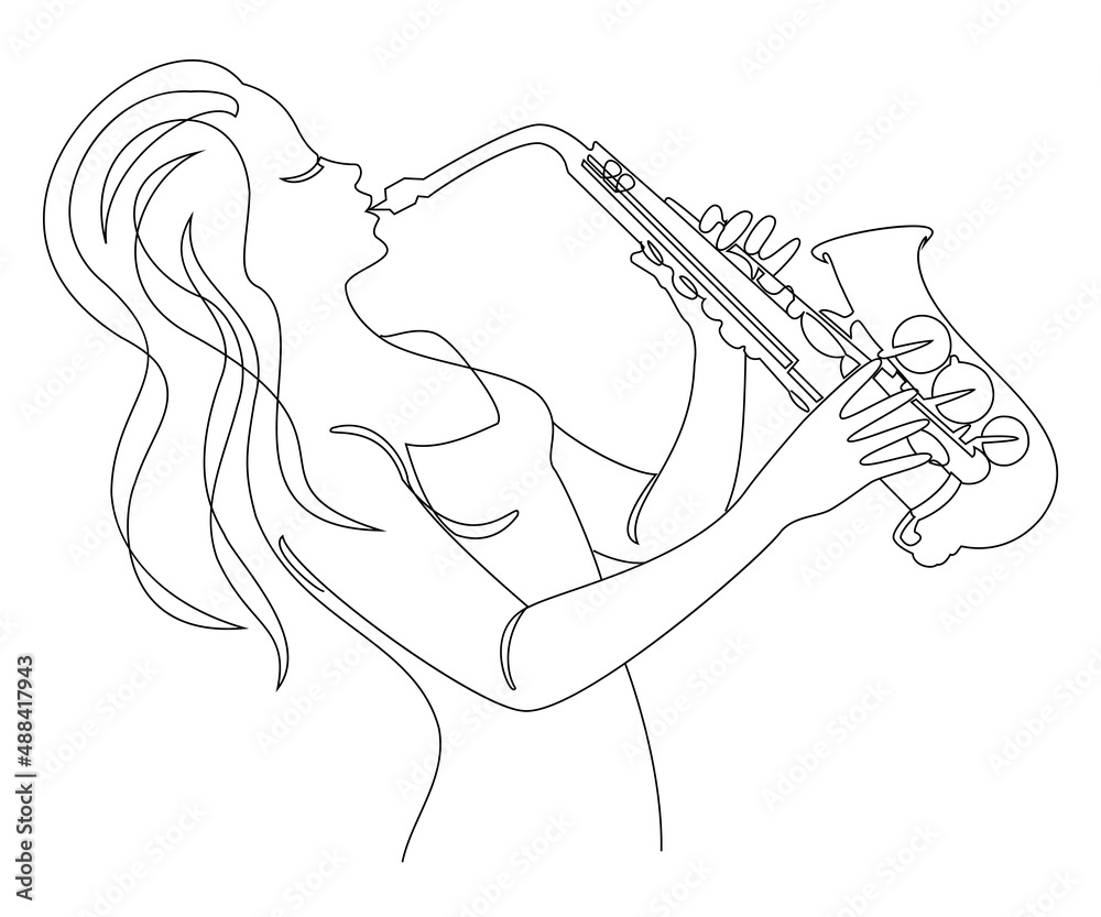 Silhouette of beautiful woman playing saxophone in continuous line ...