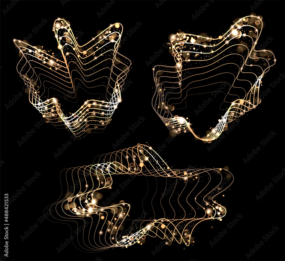 Set of magical sound waves. Twinkling golden light effect. Beat and ...