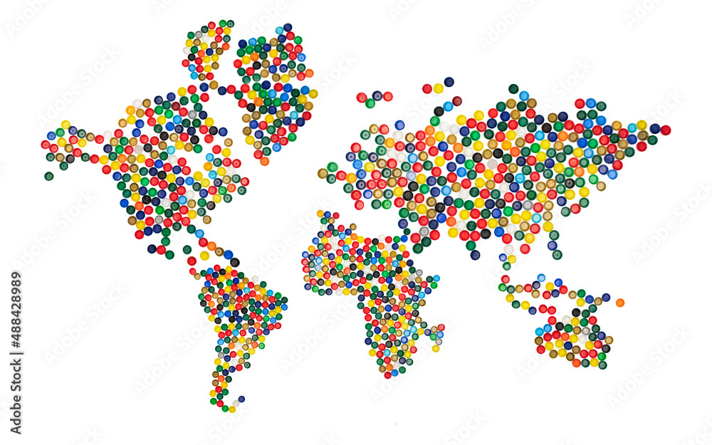 The concept of global plastic pollution. World map with plastic caps on ...