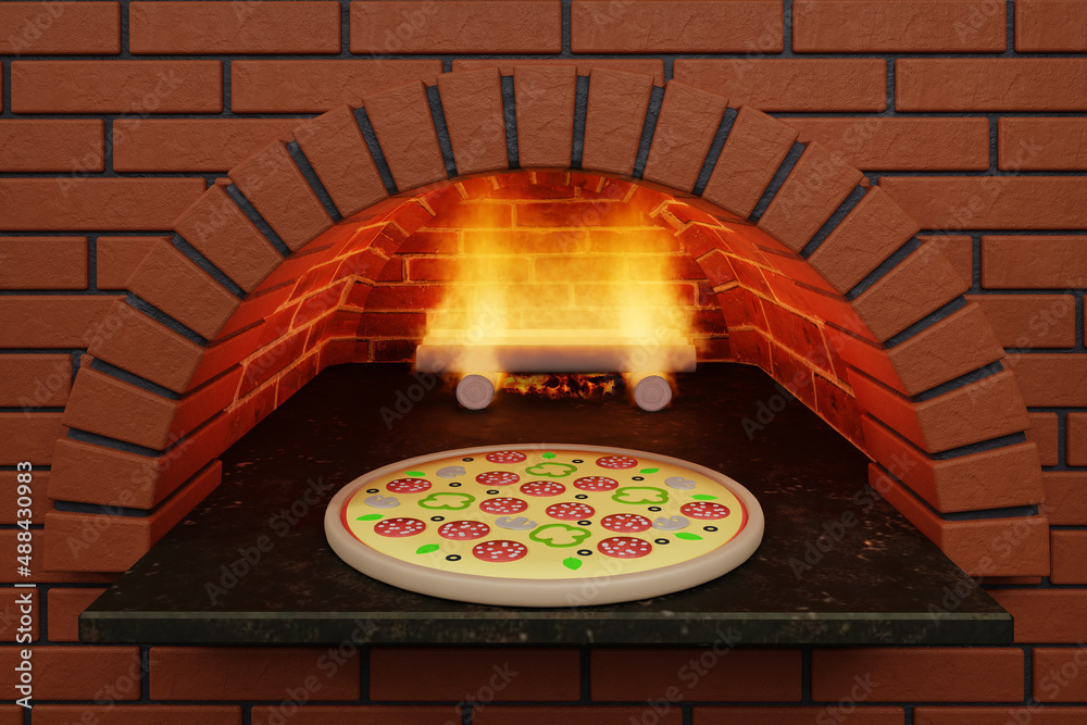 Salami pizza lays in traditional red-brick pizza oven with burning fire ...