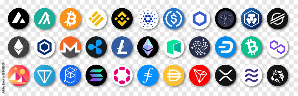 Cryptocurrency logo icon set, vector editorial illustration Stock ...