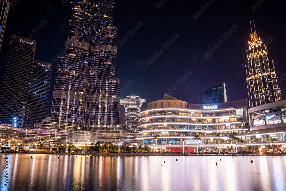 Burj Khalifa skyscraper at night in Dubai. Panoramic view of the night ...