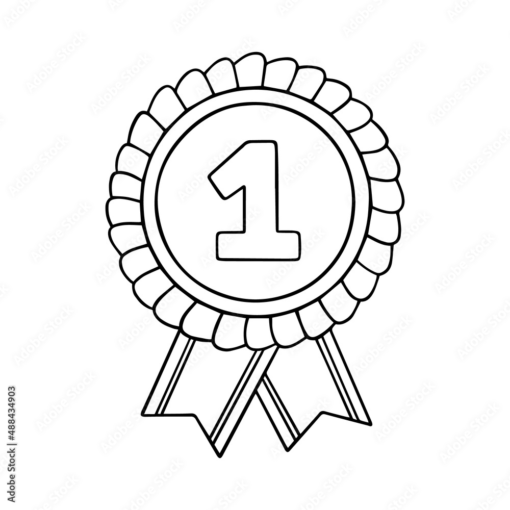 Hand drawn medal doodle. Champion and winner awards medal with ribbon ...