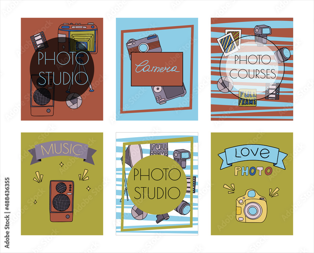 Vector photo cameras sketch banners. Hand drawn style. Different types ...