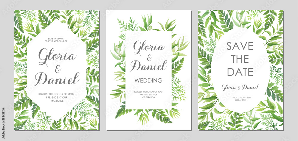 Wedding invitations with green leaves border. Invite card with place ...