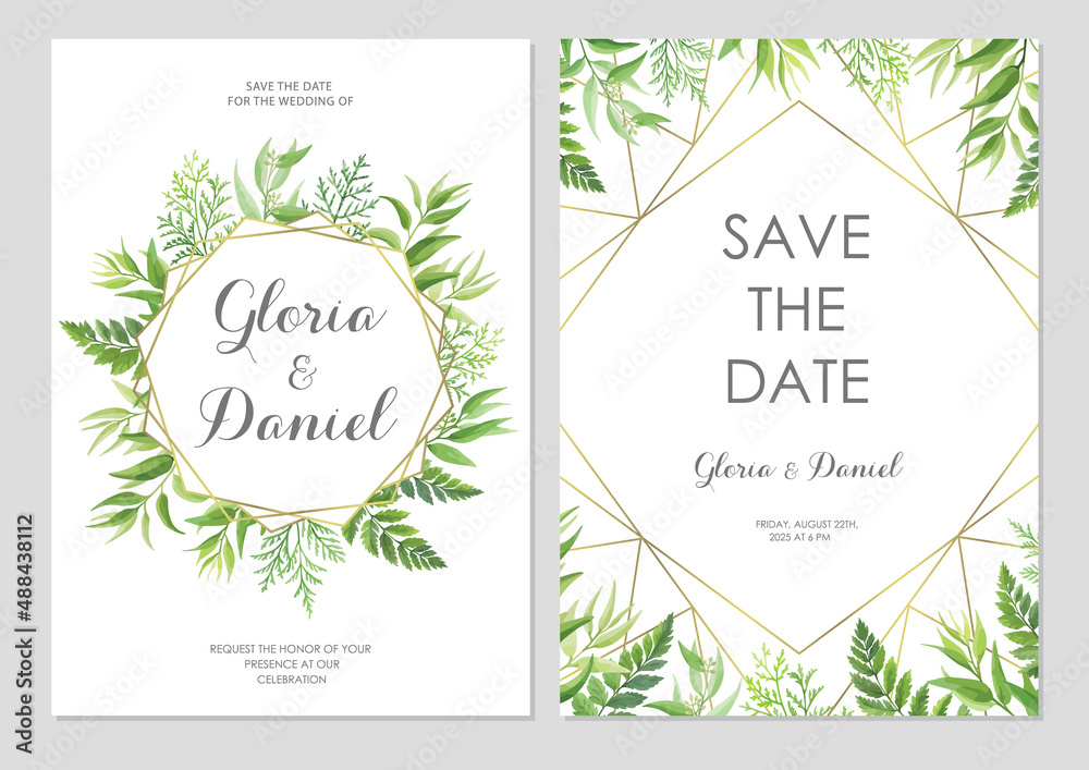 Wedding invitation with green leaves border and geometric frames ...
