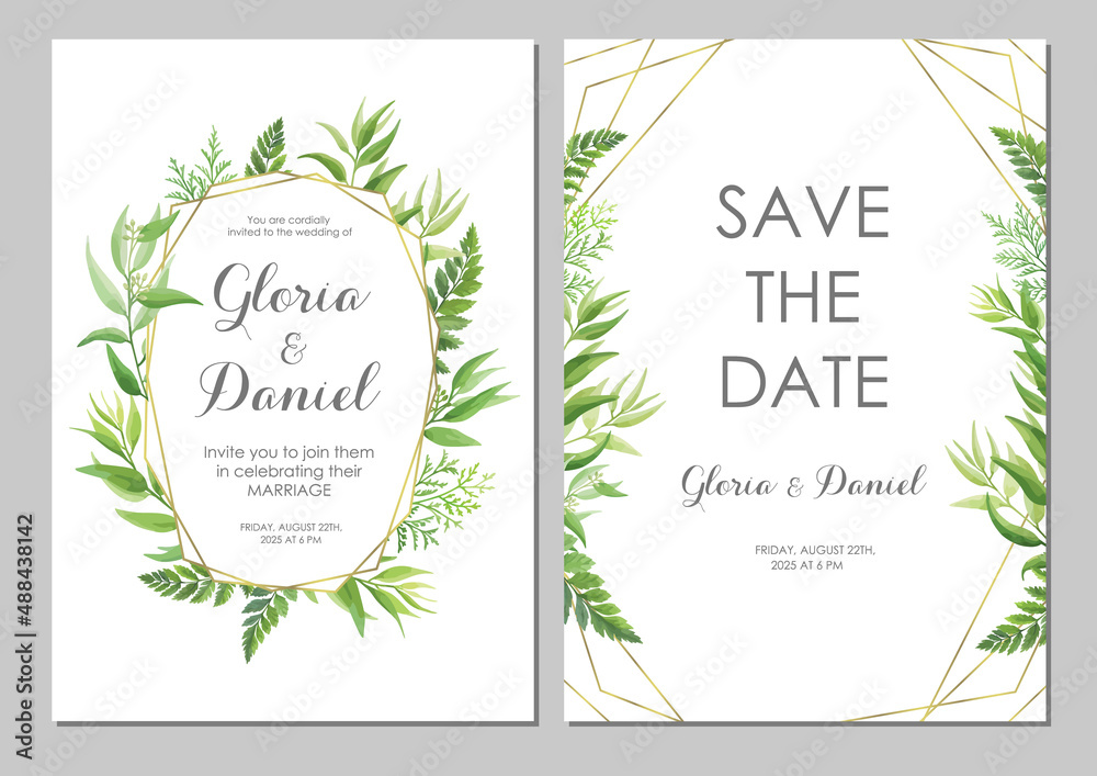 Vetor de Wedding invitation with green leaves border and geometric ...