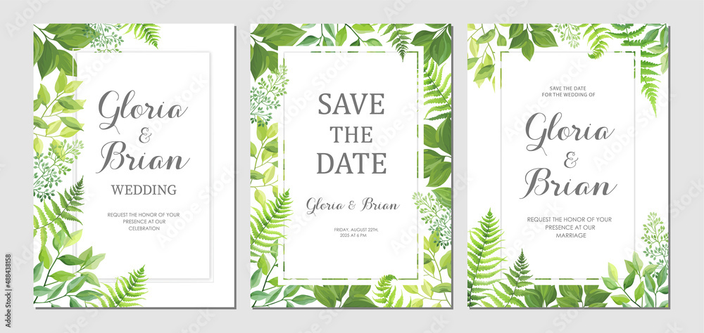 Wedding invitations with green leaves border. Invite card with place ...