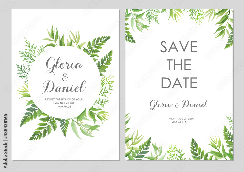 Wedding invitations with green leaves border. Invite card with place ...