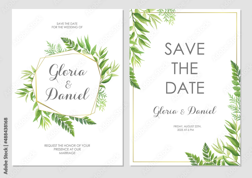 Wedding invitation with green leaves border and geometric frames ...