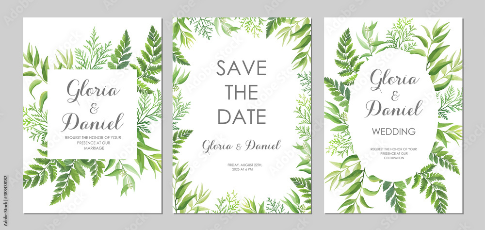 Wedding invitations with green leaves border. Invite card with place ...