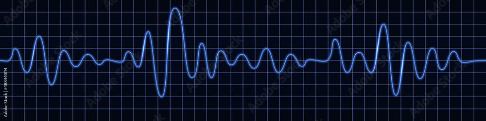 Heart beat pulse monitor, blue electric wave signal, oscilloscope graph ...