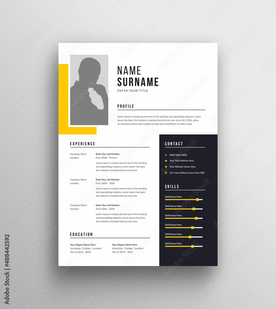 Yellow and dark black color resume design | Modern cv layout Stock ...