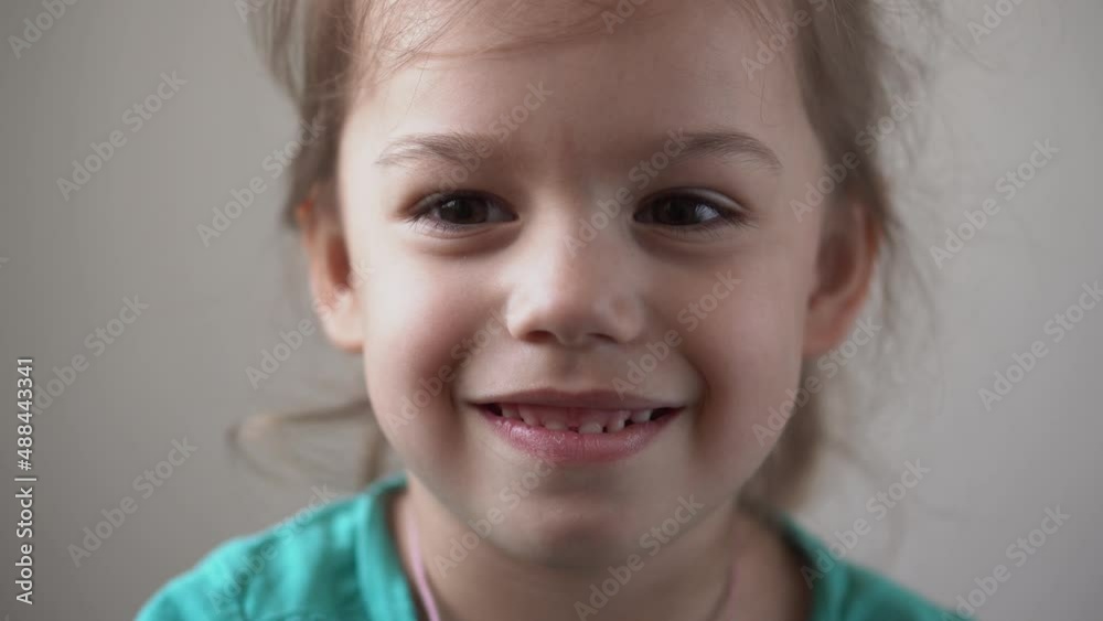 Portrait Funny Happy little kid close up happy preschool girl smiling ...