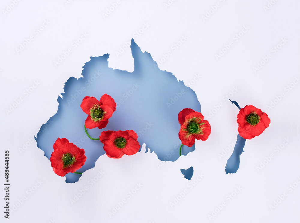 Anzac day. Remembrance day poppy symbol with outline of australian ...