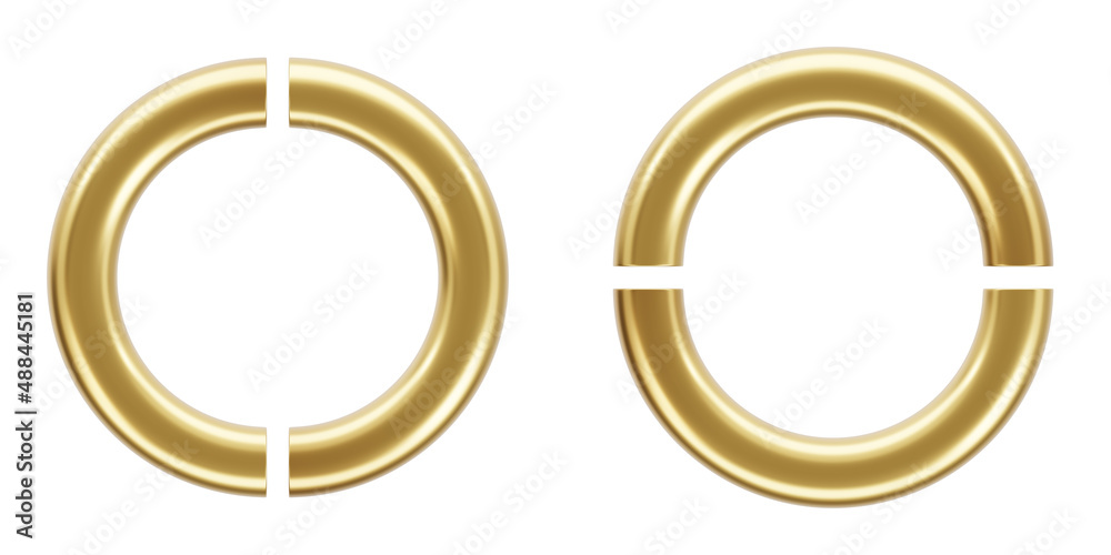 Polished metal objects over white background. Golden torus and parts ...