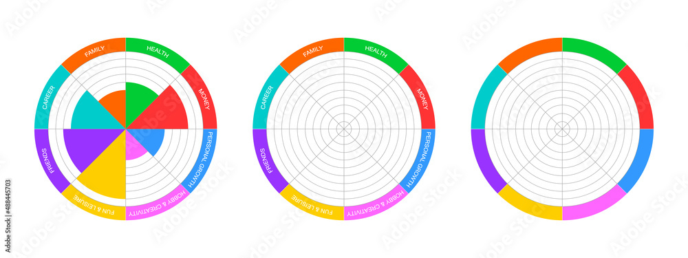 Wheel of life example and templates set. Circle diagrams of lifestyle ...