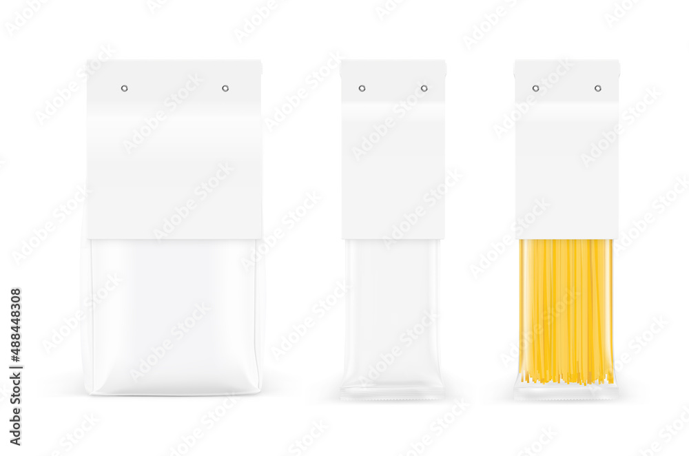 Transparent package with label isolated on white background. Vector ...