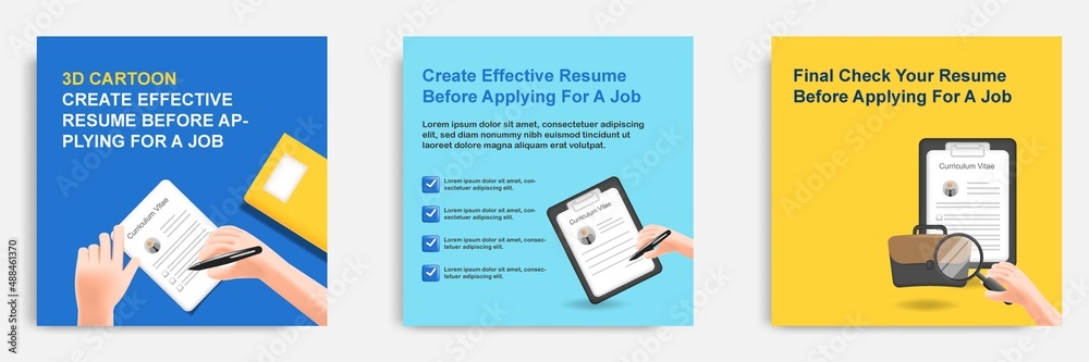 3D cartoon style. Social media informative writing resume tips post ...