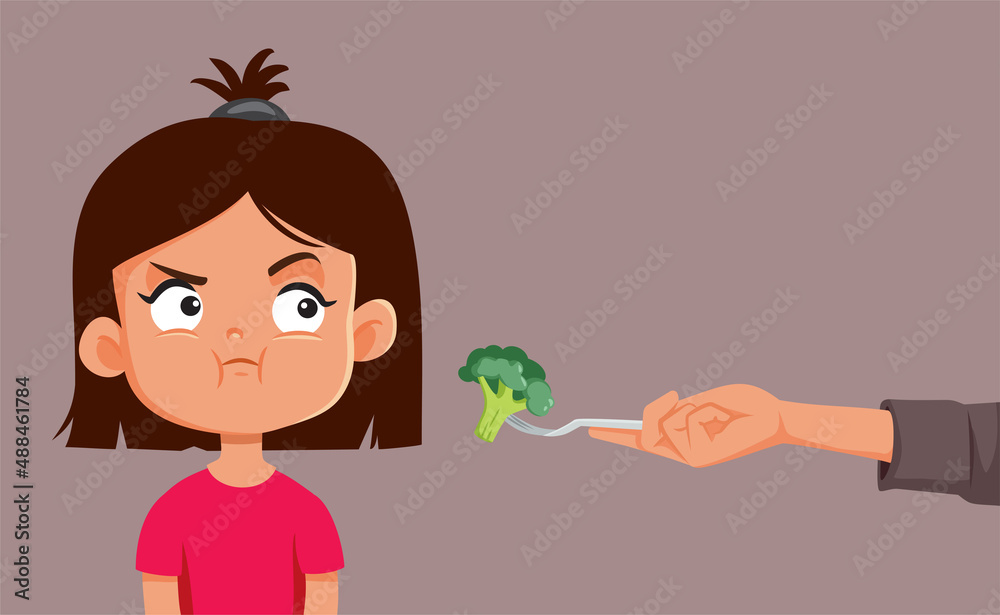 Little Girl Refusing to Eat Broccoli Vector Cartoon Illustration Stock ...