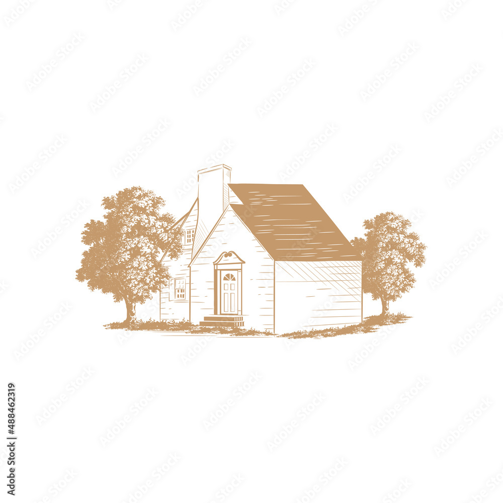 Vetor de country house logo sketch with trees do Stock | Adobe Stock