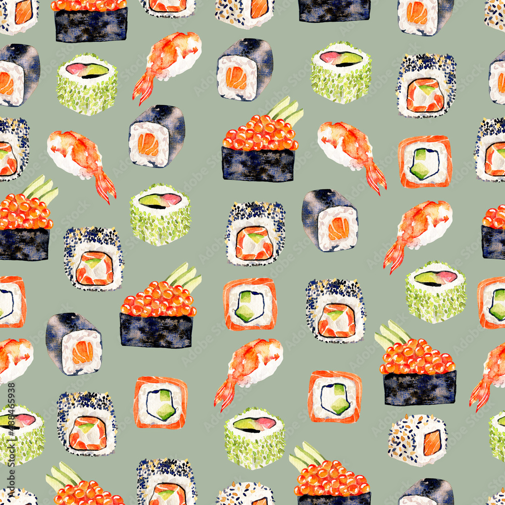 watercolor pattern with sushi and rolls on a green background for ...