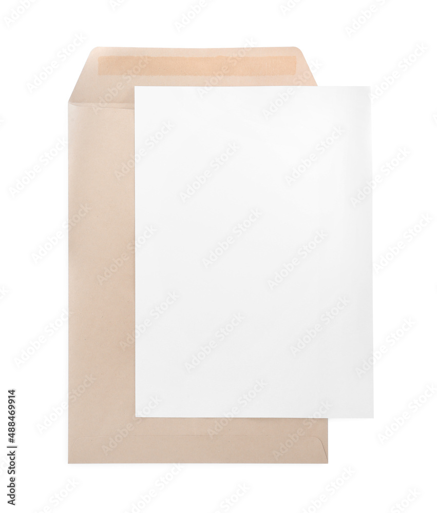Kraft envelope with blank sheet of paper on white background, top view ...