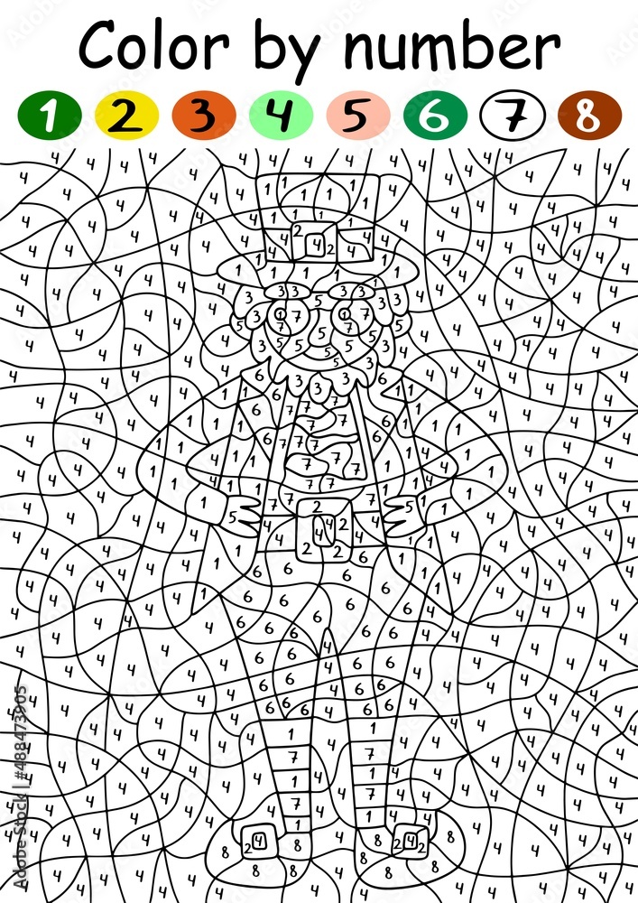 Cartoon hand-drawn leprechaun color by number for children vector ...