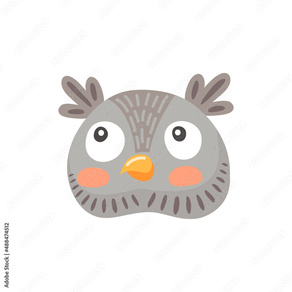 Head of owl cute bird face with ears isolated flat cartoon icon. Vector ...