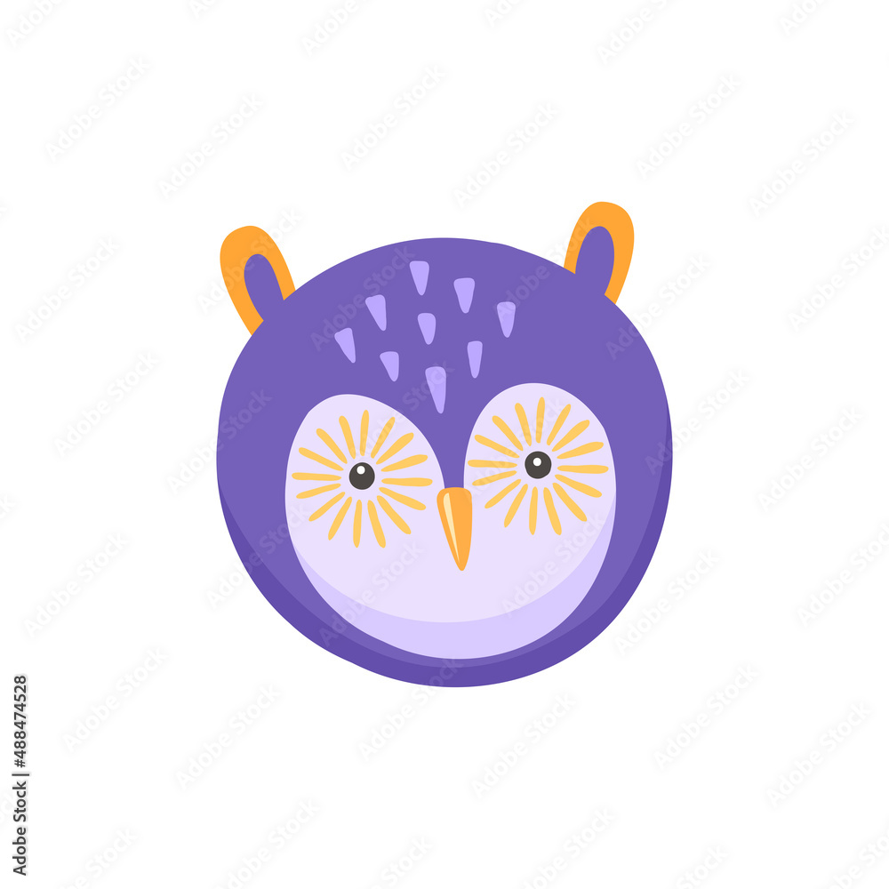 Owl or owlet face children comic emoji isolated purple head flat ...