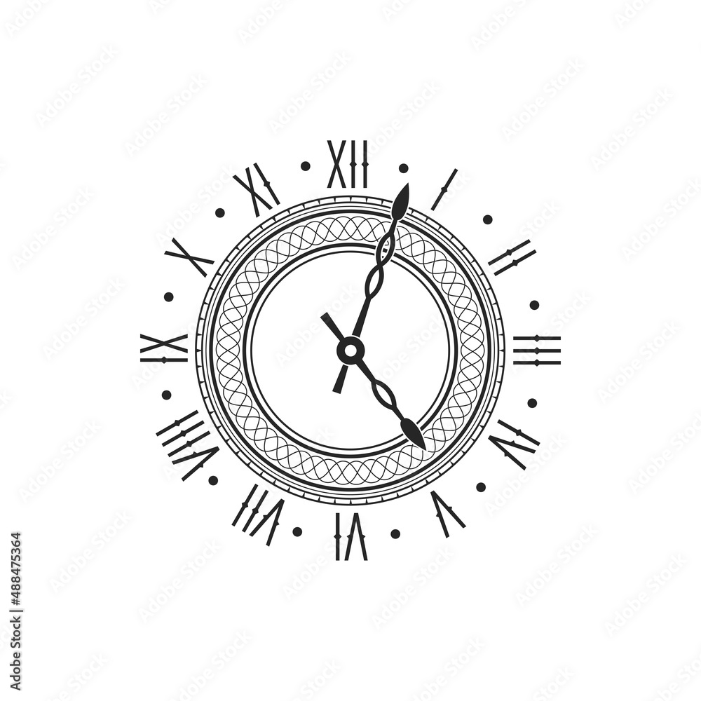 Pocket watch with roman numerals isolated monochrome ornamental dial in ...